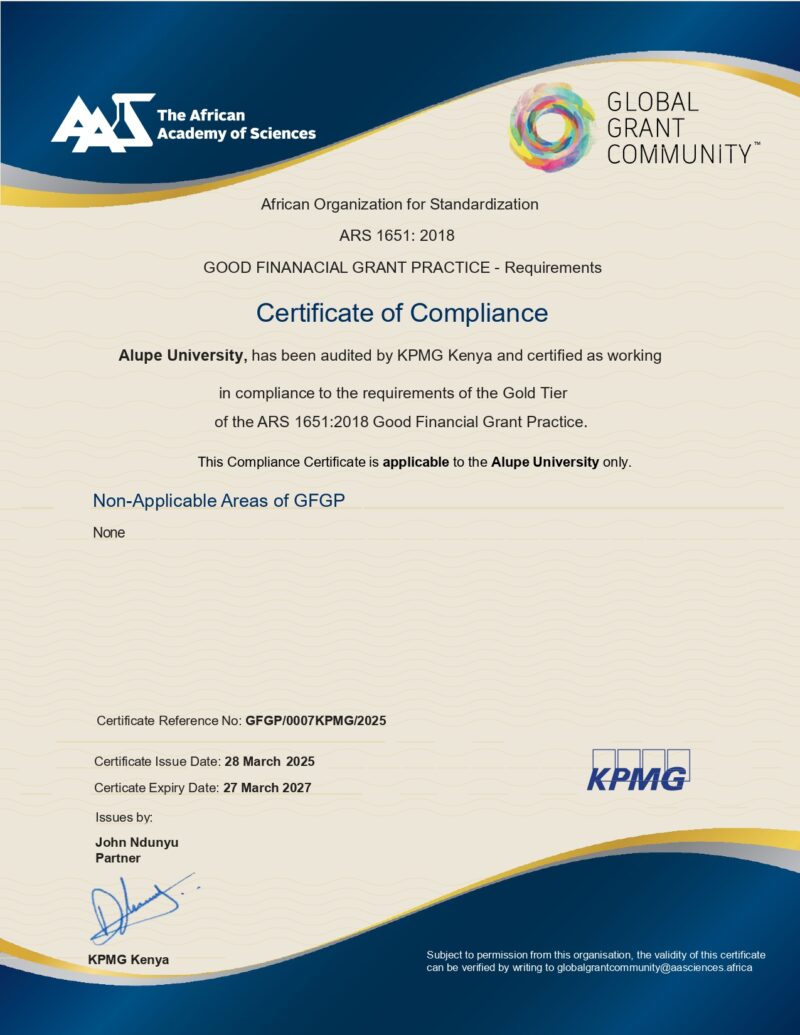Certificate of Compliance awarded to AU – Alupe University